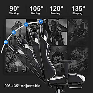 BestOffice Racing Office Ergonomic Desk Massage PU Leather Recliner Computer Lumbar Support Headrest Armrest Footrest Rolling Swivel Task Chair for, Adults, White