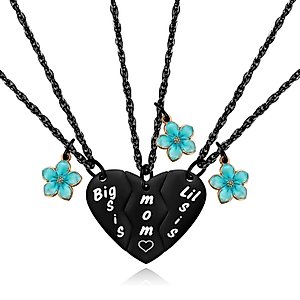 Aesnefe Mom Big Sister Little Sister Pendant Necklaces Set for 3, Mother Daughters Matching Heart Necklace from Mom to Daughter Gift, Daughter to Mom Birthday Mothers Day Jewelry Gifts