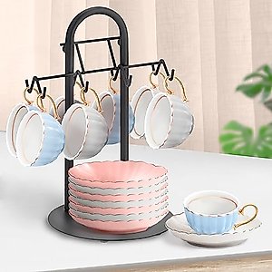 ikloo Metal Small Coffee Cup Stand, Tabletop Coffee Cup Rack Holder, Drying Display Rack, Coffee bar Accessories, Kitchen Counter Organizer, Tea Cup Rack Stand, Cup Rack for Counter Black.
