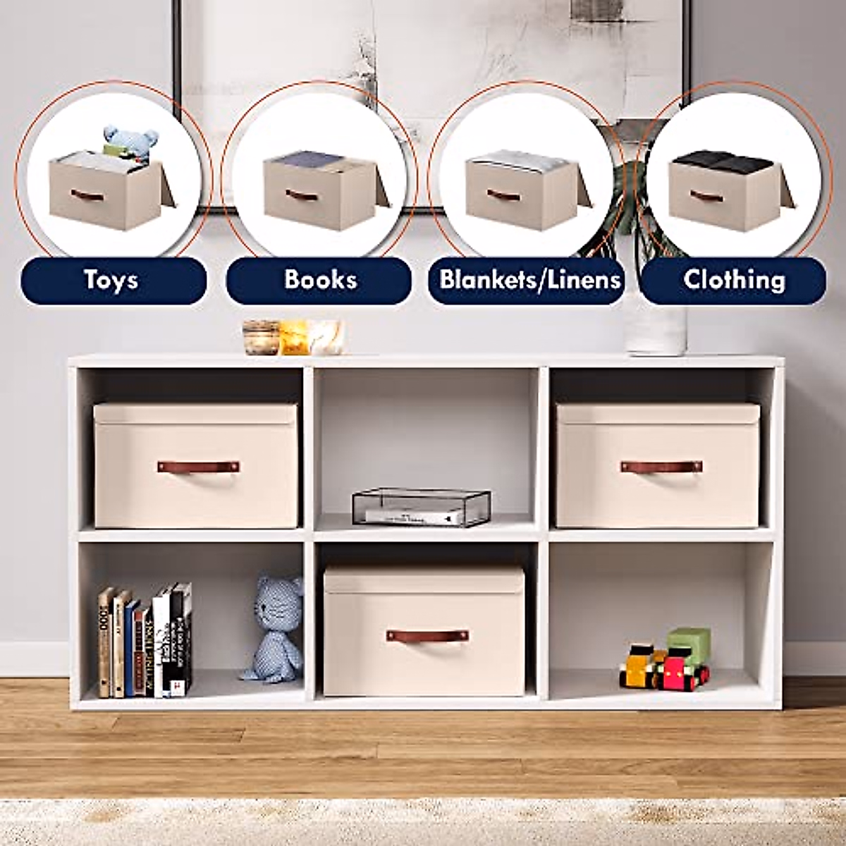Ornavo Home 3 Pack Collapsible Storage Bins with Lid, Foldable Linen Fabric Shelf Storage Basket Closet Organizer and Large Storage Box for Clothes with Leather Handles, 15 x 10 x 9, Beige