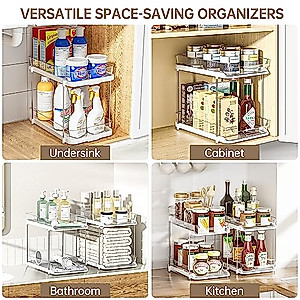 Delamu 2-Tier Multi-Purpose Bathroom Cabinet Organizer, Pull Out Under Sink Organizers and Storage, Stackable Pantry Organization and Storage, Clear Under Cabinet Storage with Movable Dividers