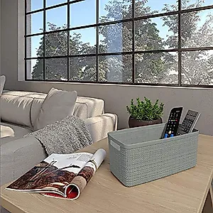 Curver Set of 4 Jute Large Decorative Plastic Organization and Storage Baskets Perfect Bins for Home Office,White, 4 & Set of 8 Jute Half Medium Decorative Plastic Organization Grey, 8 Count