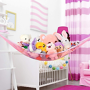 4 Pieces Stuffed Animal Hammocks Stuffed Toy Storage Hammock Nets Jumbo Wall Sling Corner Mesh Toy Organizer, Doll Hanging Net with Hooks for Bedroom Playroom Plush (Black, Blue, White, Pink)