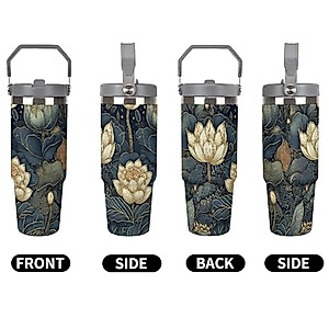 YTLKGFP 30 Oz Large Capacity Car Cup Intricate Flowers Tumbler with Handle Straw Lid Insulated Stainless Steel Water Bottle Travel Mug Leak-proof Car Cup Keeps Cold Or Hot
