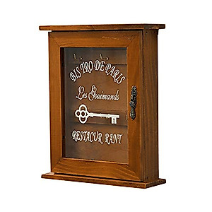 Glass Wooden Box Key Holder for Wall with 6 Hooks - 8.27" x 9.84" x 2.36" Entryway Storage Cabinet - Rustic Decor & Floating Shelf - Key Rings & Mail Organizer Wall Shelf - Vintage Wall Decor - Brown