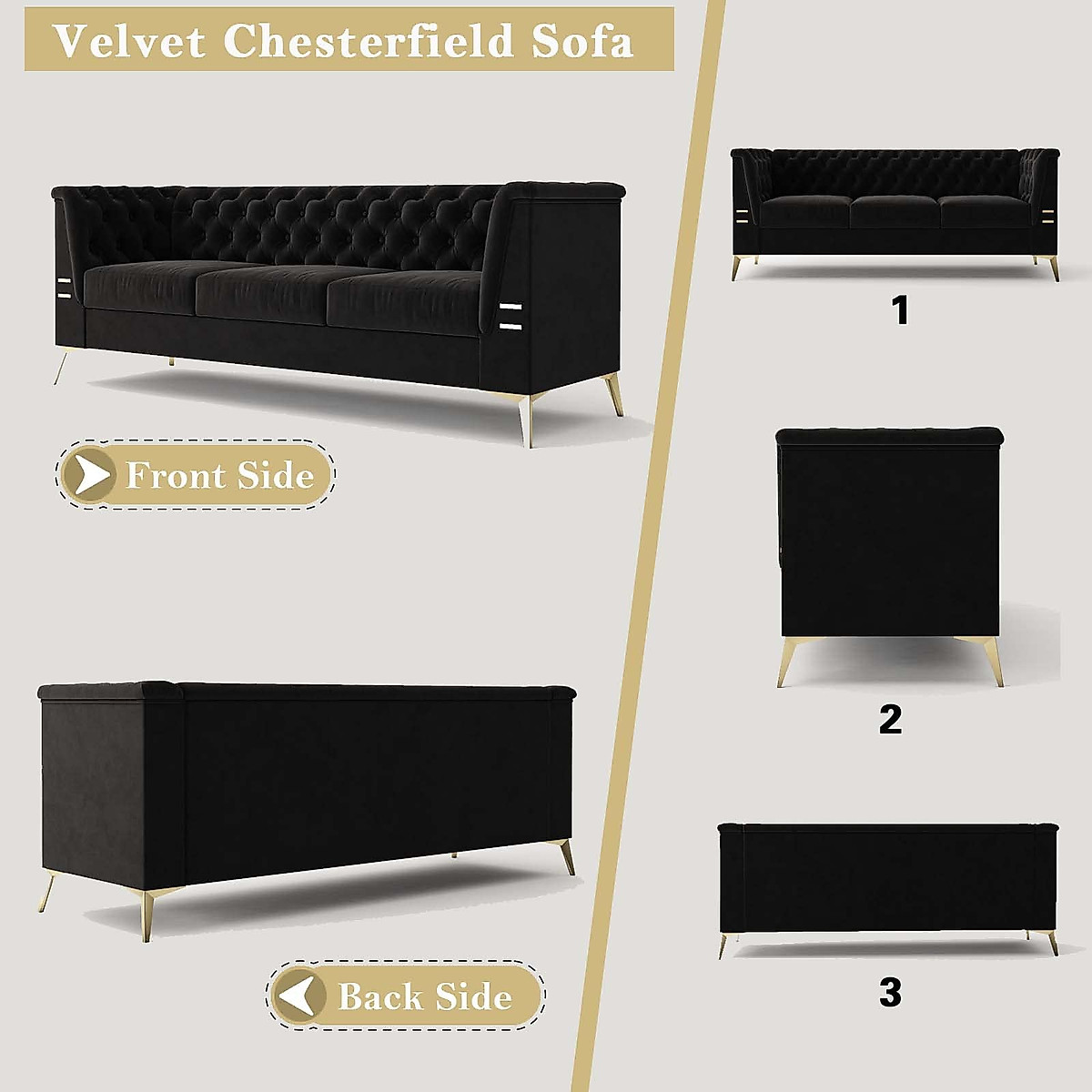 Tomkate Chesterfield Sofa, 82" Velvet Upholstered 3 Seater Couches with Flared Arms and Removable Cushions, Mid-Century Modern Sofa Couch with Solid Wood Frame and Gold Legs for Living Room (Black)