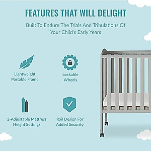 Dream On Me 2 in 1 Folding Portable Crib in Cool Grey, Greenguard Gold Certified , 40x26x38 Inch (Pack of 1)