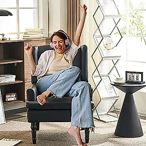 LOVSPATIO Faux Leather Accent Chair, Mid-Century Upholstered Living Room Chairs, Comfy Single Recliner Sofa with Arm and Wood Legs for Bedroom Waiting Room Office - Black