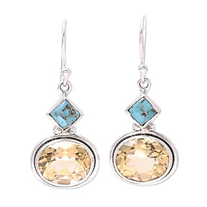 NOVICA Artisan Handmade Citrine Dangle Earrings Ninecarat Composite Turquoise Sterling Silver Reconstituted India Birthstone Gemstone [1.4 in L x 0.6 in W x 0.2 in D] ' Watery Gold'