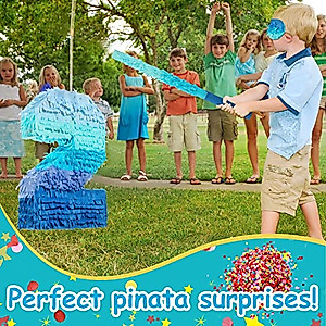 Number 2 Pinata with Stick Blindfold Confetti, Gradient Blue Pinata for Kids 2nd Birthday Party Large Blue Pinata for Boys Girls Birthday Anniversary Celebration Decoration Supplies (Number 2)