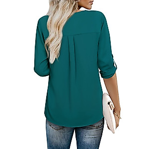 Youtalia Long Sleeve Tops for Women, Ladies Business Casual Shirts Loose Cute V Neck Chiffon Blouses Solid Color Pleated Flowy Tunic Shirts for Party (X-Large, Dark Cyan)