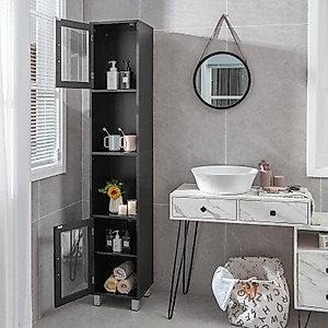 Tangkula Tall Bathroom Cabinet, Home Living Room Wood Storage Cabinet Free Standing w/ 4 Shelves and 2 Glass-Paneled Doors Suitable Tall Bathroom Cabinet