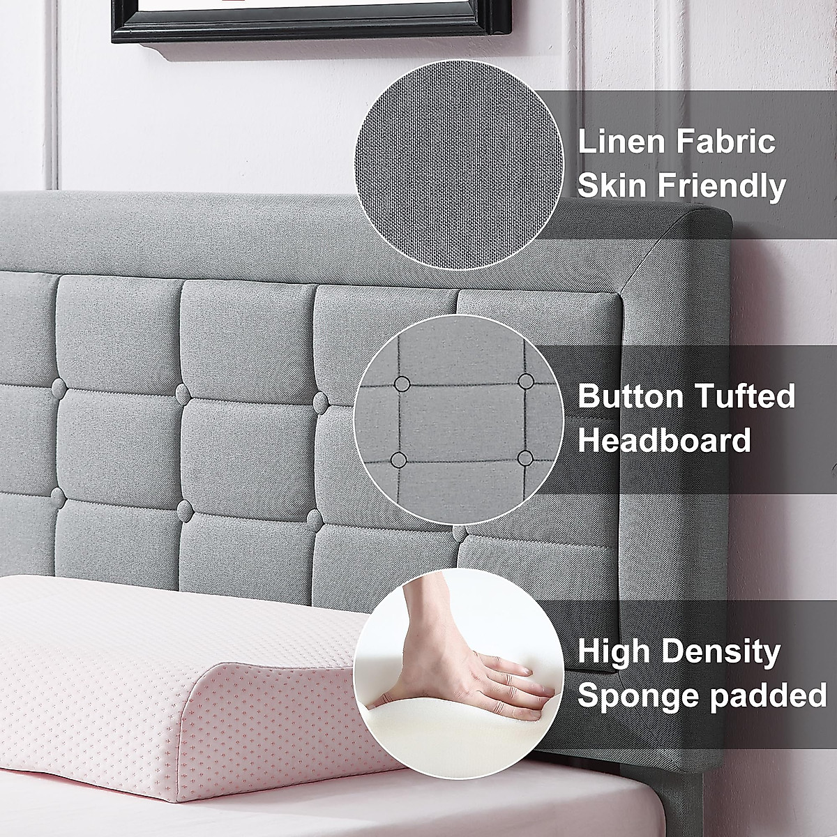 VECELO Twin Size Bed Frame with Adjustable Headboard, Upholstered Button Tufted Platform Bedframe with Wood Slats Support, No Box Spring Needed, Moon Grey