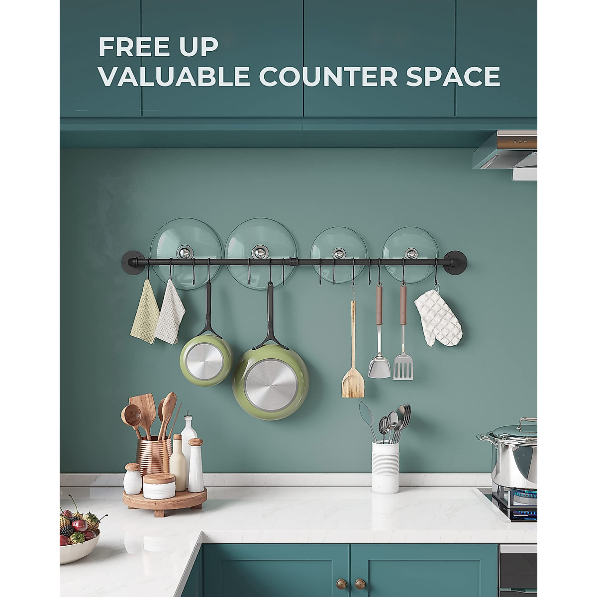 OROPY 39 inch Pot Bar Rack Wall Mounted Detachable Pans Hanging Rail Kitchen Lids Utensils Hanger with 14 S Hooks Black