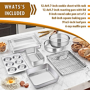 E-far Stainless Steel Bakeware Set, Metal Baking Pan Set of 9, Include Round/Square Cake Pans, Rectangle Baking Pan with Lid, Loaf Pan, Muffin Pan, Cookie Sheet with Rack, Dishwasher Safe