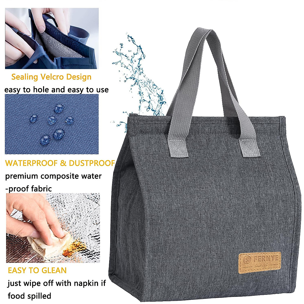 FERNYE Lunch Bag for Women/Men,Waterproof Reusable Portable Lunch Tote,Lunch Box Bag.Thermal Cooler Bag Ideal for Work/Party/l/Travel/Picnic (Light Gray)