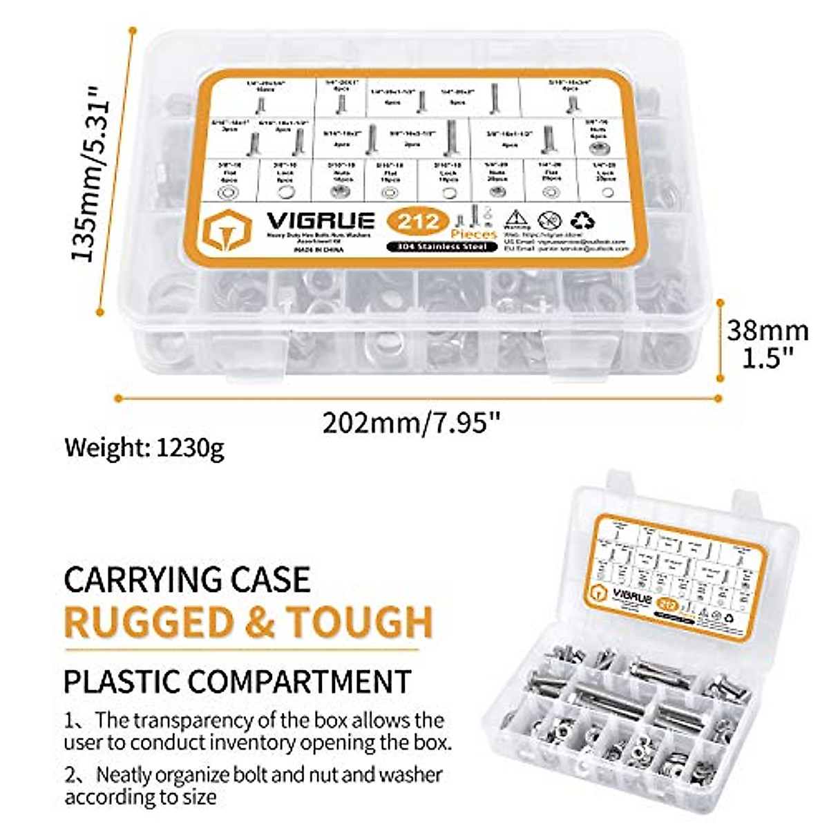Hex Bolts Assortment Kit, VIGRUE 212PCS/53 Sets 1/4-20 5/16-18 3/8-16 Heavy Duty Bolts Screws Nuts Flat Spring Washers, Includes 10 Common SAE Sizes, 304 Stainless Steel