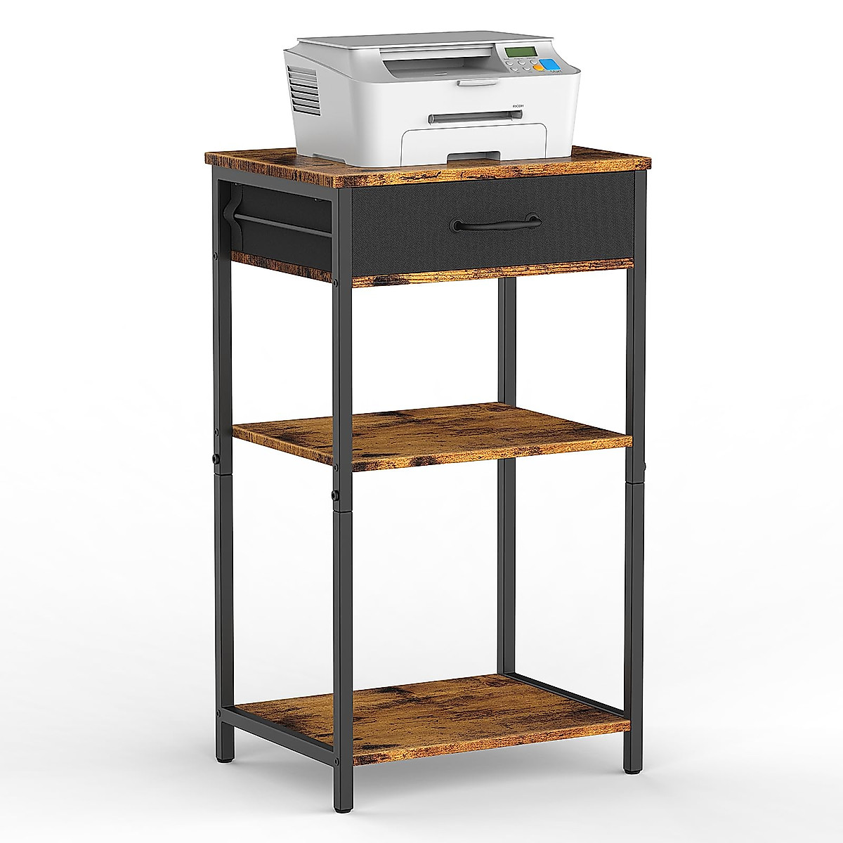 Industrial Printer Stand Rack 3 Tier Printer Table with Storage Printer Shelf with File Drawer Sofa Side Tables Nightstand for Bedroom Machine Stand Holder for Office and Home, Brown