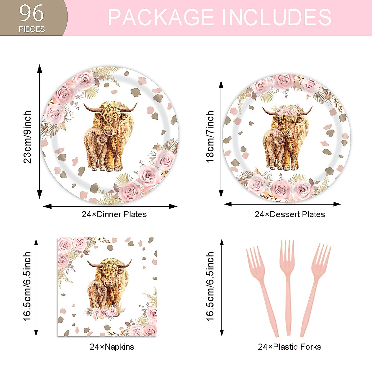 96 Pcs Boho Highland Cow Party Supplies for Girl Holy Cow Highland Baby Shower Plates and Napkins Party Supplies Bohemian Pink Floral Pampa Grass Highland Birthday Party Decorations Serves 24