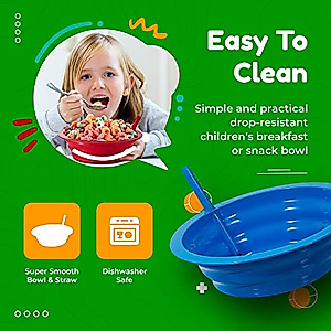 Green Direct Sippy Bowl With Straw and Spoons | 22 Ounce Plastic Cereal Bowls With Straws BPA Free Assorted Color | Built-in Straw Bowl Blue Red Green Yellow Pack of 4