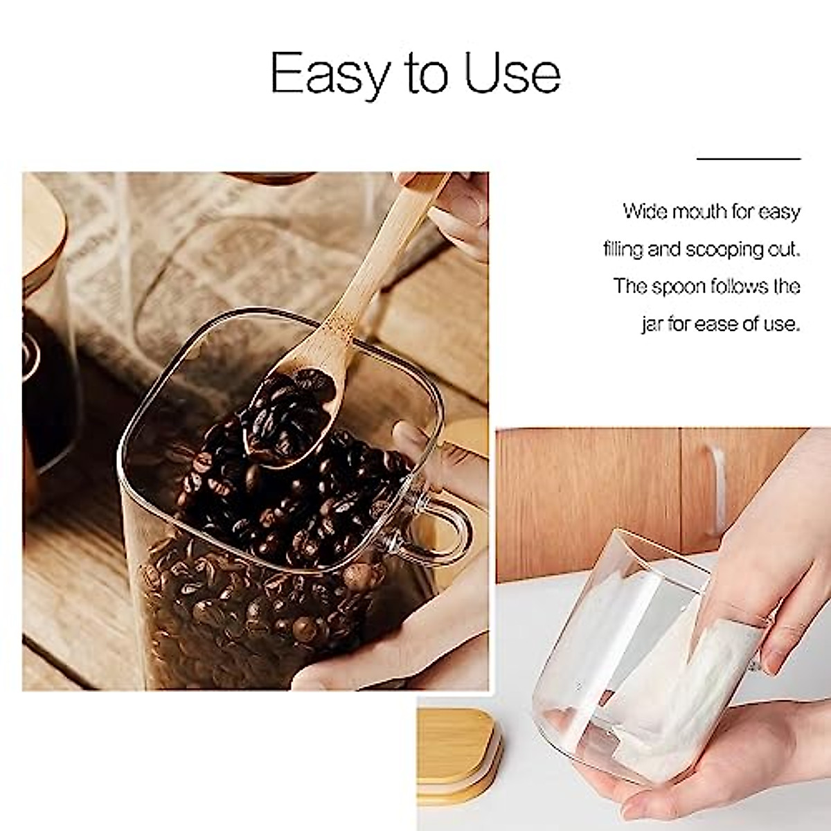 JunVpic Glass Jar with Bamboo Lid - 17 Oz Square Storage Container Canister with Scoop Spoon for Cube Sugar, Coffee Beans, Creamer, Tea, Bath Salt, Chia Organizer, Pack of 1