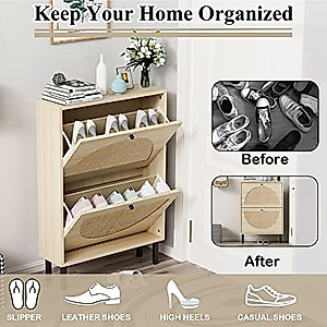 TehRecBT Rattan Shoe Cabinet with 2 Flip Drawers, Entryway Shoe Storage Cabinet with Flip Door & Metal Legs, Modern Freestanding Tipping Bucket Shoe Organizer for Entryway, Hallway, Bedroom