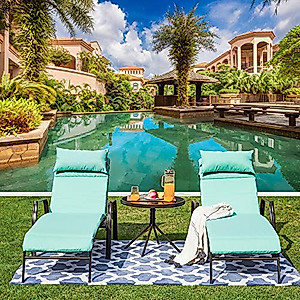 LOKATSE HOME 3 Pieces Outdoor Patio Chaise Lounges Chairs Set Adjustable with Folding Table, Light Blue Cushions