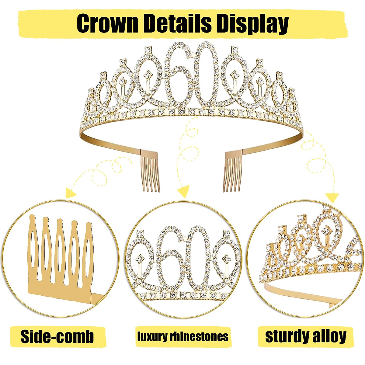 AgQrDkrc 60th Birthday Decorations for Women - Gold, Includes Crown, Sash, Cake Topper, Number Candles & Balloons