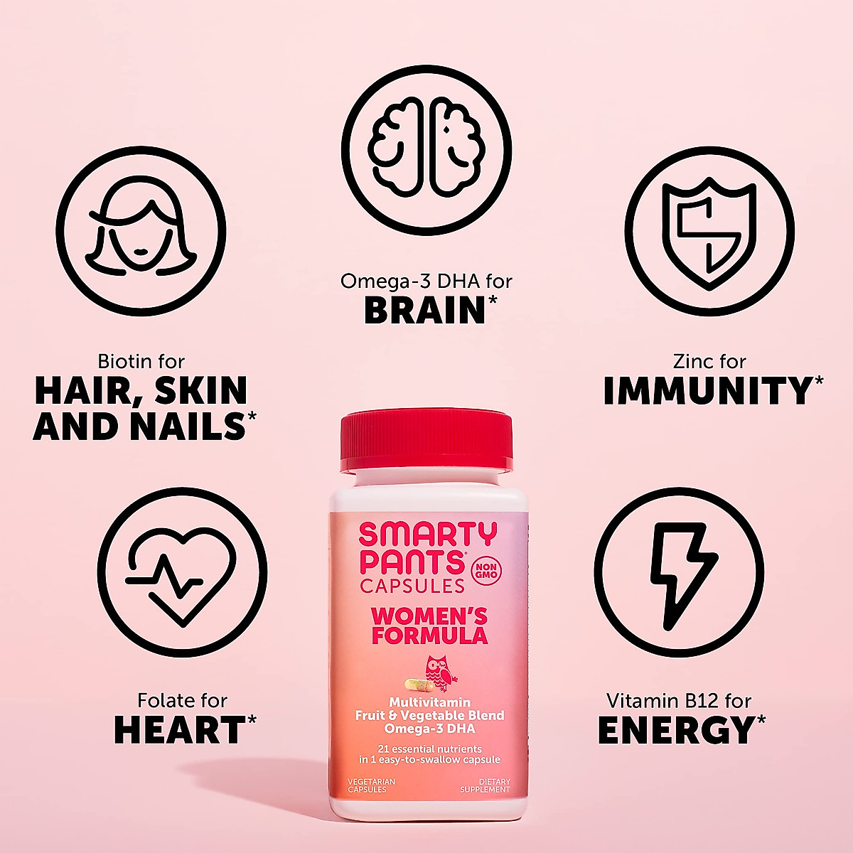 SmartyPants Multivitamin for Women: Omega-3 DHA; Zinc for Immunity, Biotin, Iron, Folate, Vitamins D3, C, B6, Vitamin B12, One Per Day, 30 Capsules, 30 Day Supply