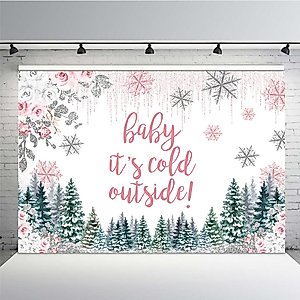 MEHOFOND 7x5ft Winter Baby Shower Backdrop for Girls Baby It's Cold Outside Pink Floral Photography Background Little Snowflake Pine Tree Oh Baby Party Banner Decorations Photo Booth Props