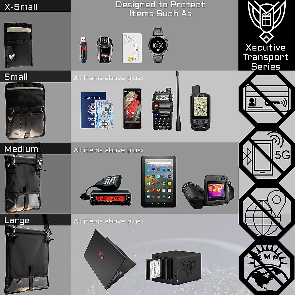 Xtreme Sight Line ~ Xecutive Faraday Bag for Phones and Other Small Electronics (11" x 9") ~ Data Security for Executive Travel ~ Shoulder Strap Included ~ Tracking/Hacking Defense