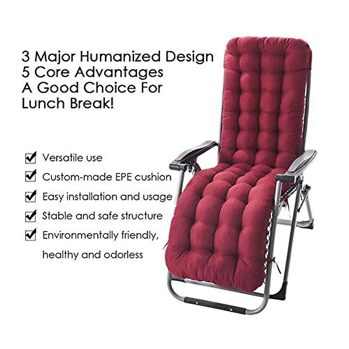 Patio Chaise Lounger Cushion, Indoor/Outdoor Chaise Lounger Cushions Rocking Chair Sofa Cushion with 6 Ties,Thick Padded Chaise Lounger Swing Bench Cushion，61Inch (Wine Red)