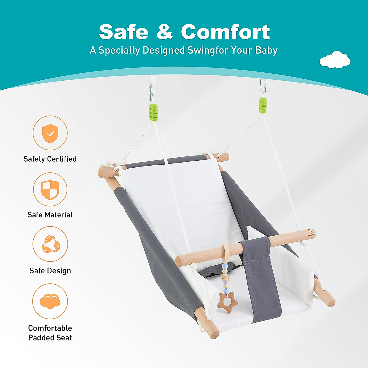 Troispot Comfortable Baby Swing Bed, Secure Canvas and Wooden Hanging Swing Chair for Baby, Infant, Toddler, Kids Toys, Indoor Outdoor Hammock for Indoor Playground, Tree Swings or Backyard, D2