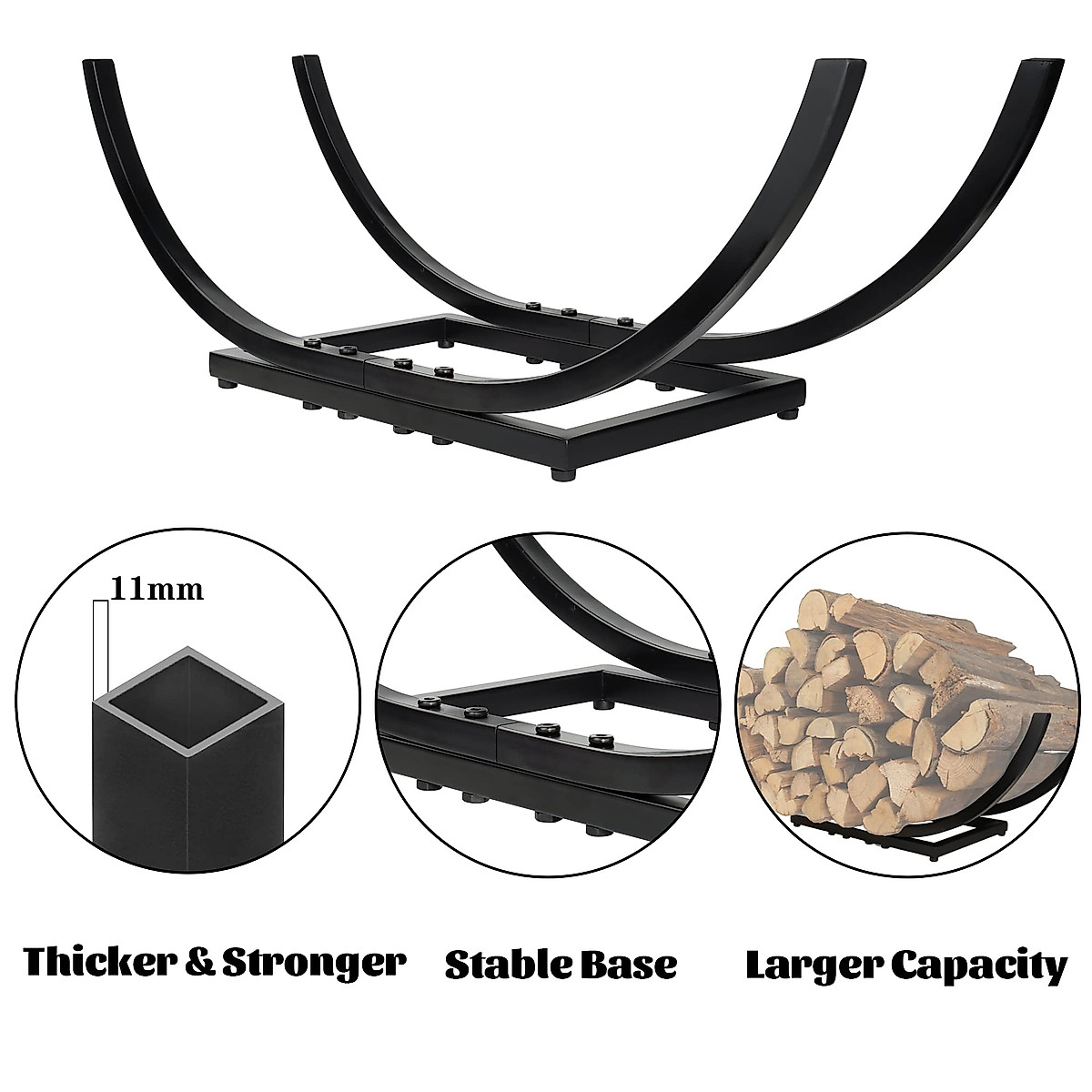 Curved Firewood Rack Holder: Heavy Duty Firewood Holder Indoor Outdoor for Firewood Storage - Fireplace Wood Rack Log Holder Black 22-Inch