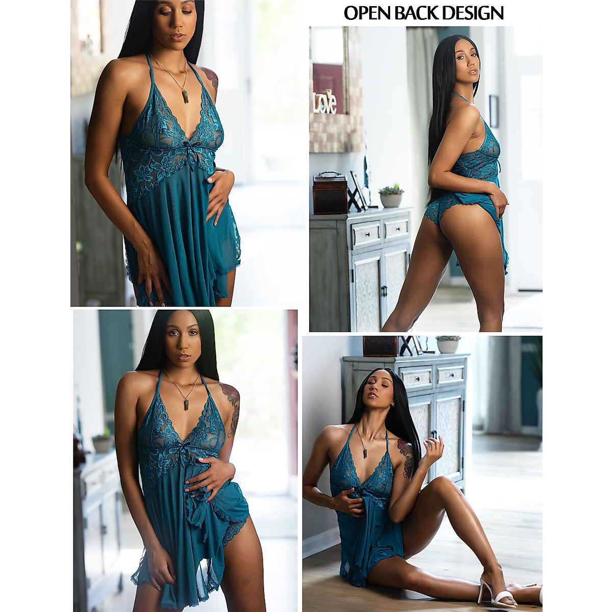 Avidlove Lingerie for Women Lace Babydoll Halter Chemise V Neck Nightgown Sexy Sleepwear Nightdress Dark Blue X-Large