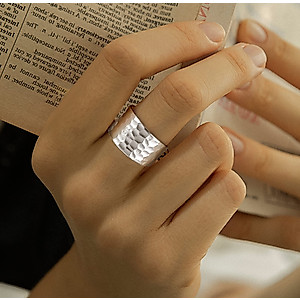 Milacolato S990 Sterling Silver Handmade Wide Band Ring High Polished Handmade Dome Ring Hammered Band Ring for Women Men, Adjustable to Size 7-11