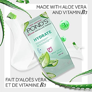 POND'S Vitamin Micellar Makeup Remover Wipes for Dry Skin, Skin Care Hydrating Aloe Vera Daily Face Wipes Remove Dirt, Waterproof Makeup, 25 Count, 4 Pack