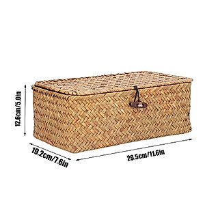 Jiawu Seagrass Baskets, Handwoven Seagrass Storage Bins with Lid, Multipurpose Rectangular Shelf Baskets, Household Boxes with Buckle, Small Rustic Container for Shelves Organizing (L)