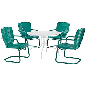 Crosley Furniture Ridgeland 5-Piece Outdoor Dining Set for 4, Retro Metal Round Patio Table and Chairs, Turquoise Gloss