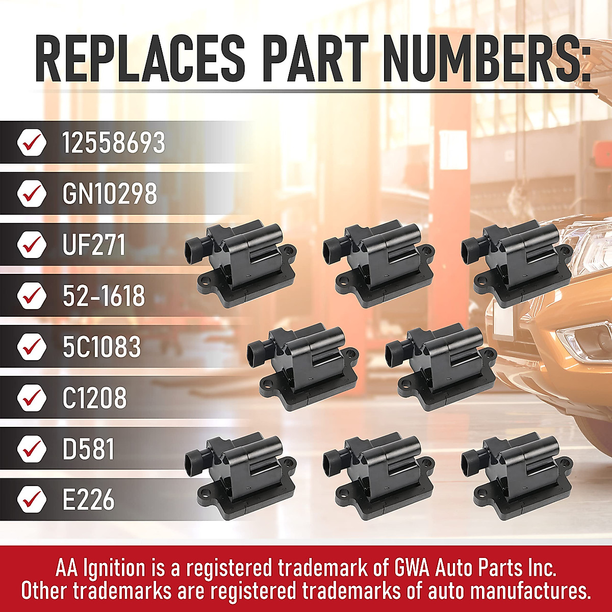 Ignition Coil Pack Set of 8 - Replaces 12558693, GN10298, C1208, D581 - Compatible with Cadillac, Chevy & GMC - Escalade, Silverado, Avalanche, Express 3500, Suburban, Tahoe, Sierra, Savana, Yukon