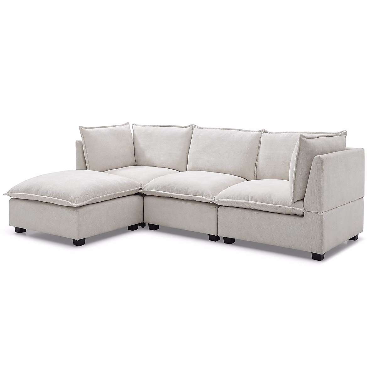 kevinplus 99.3'' Sectional Sofa Couch Cloud Sofa Couch Dupes with Feather Filled for Living Room, Modern Modular 3-Seat L-Shape Sofa Couch with Convertible Ottoman, Linen Fabric, Beige