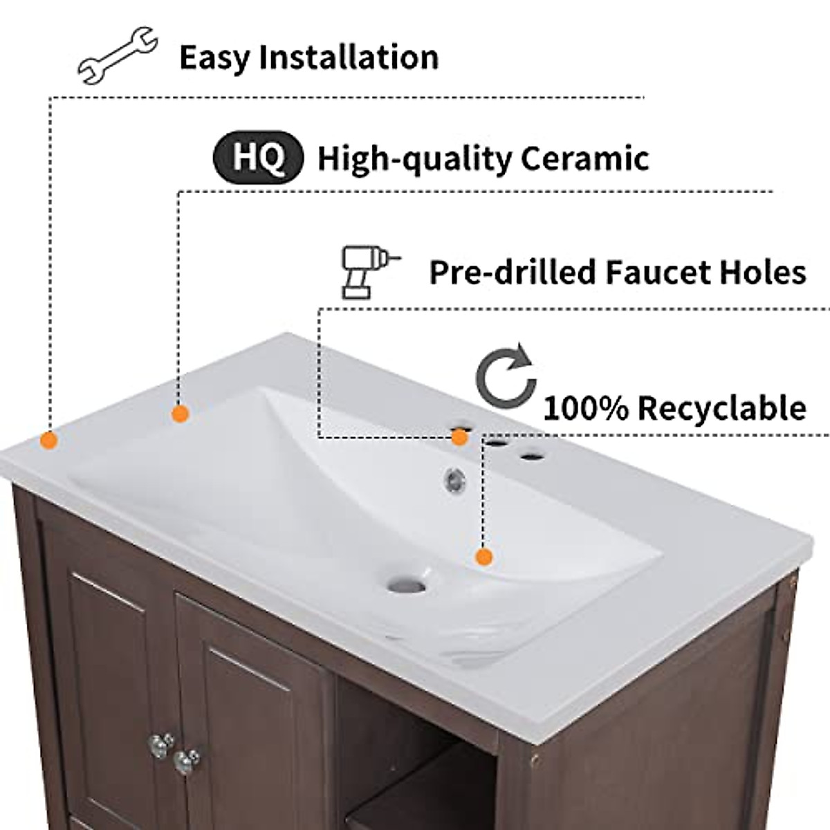 SHMAO 30" Bathroom Vanity with Sink Top, Bathroom Vanity Cabinet with Drawers and Doors, Modern Undermount Single Sink Bathroom Cabinet, Wood Bathroom Vanity and Basin Sink Combo for Bathroom - Brown