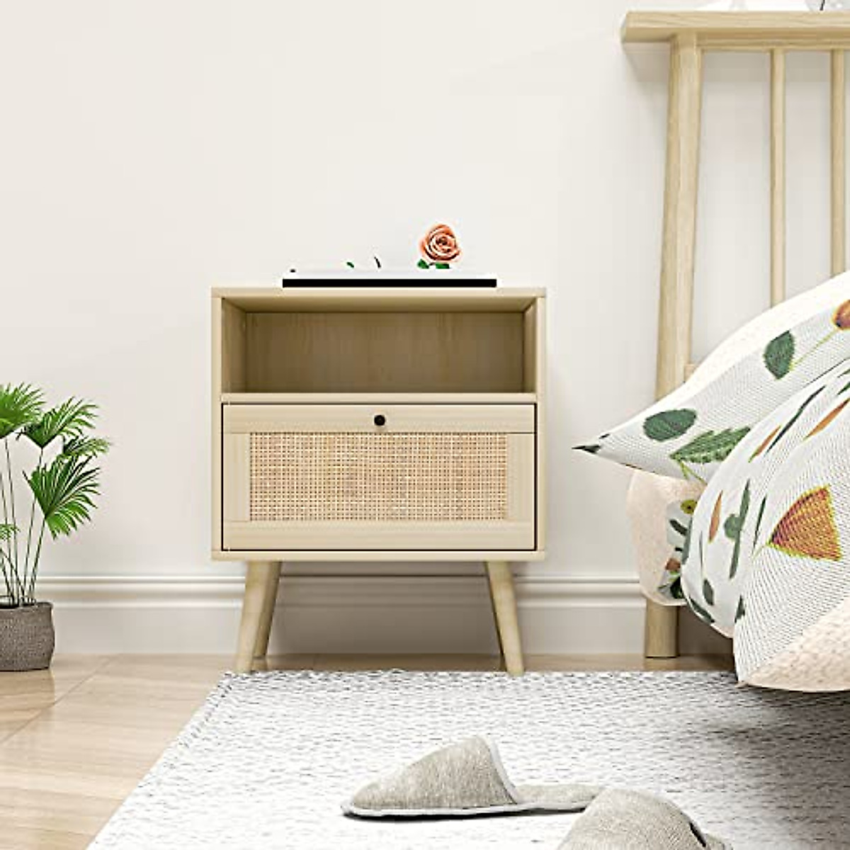 Rattan Nightstand with Drawer and Open Storage Shelves, Wood Finish End Table, Accent Side Table for Living Room, Bedroom