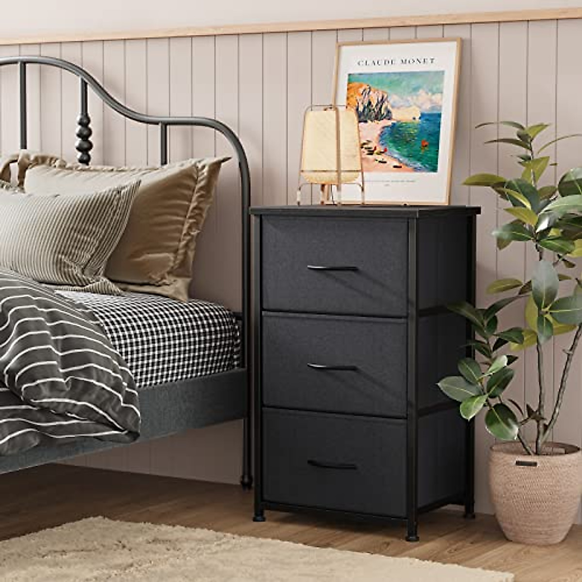 CubiCubi Dresser Nightstand for Bedroom with 3 Drawers, Small Storage Tower Organizer Unit for Closet, Office, Living Room, Hallway, Entryway, Fabric Drawers, Wood Board, Black Grey