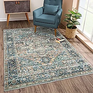 Bloom Rugs Caria Washable Non-Slip 5x7 Rug - Blue Green/Tangerine Area Rug for Living Room, Bedroom, Dining Room and Kitchen - Exact Size: 5' x 7'