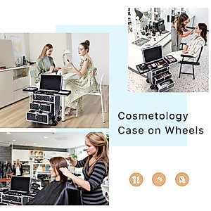 FRENESSA Professional Rolling Makeup Case Aluminum Trolley Train Case with 360° Swivel Wheels for Makuep Artist Travel Cosmetic Organizer with Sliding Drawers for Nail Tech Hairstylist Barber, Black