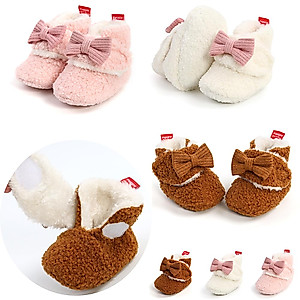 Ohwawadi Baby Girl Bow Booties Cozy Fleece Infant Baby Slippers Soft Warm Socks Shoes Newborn Crib Shoes White 6-12 Months