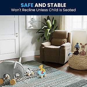 Flash Furniture Charlie Microfiber Kids Recliner with Flip-Up Storage Arms and Safety Recline, Contemporary Reclining Chair for Kids, Supports up to 90 lbs., Brown