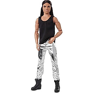 Barbie Signature Barbie Looks Ken Doll (Long Brunette Hair) Fully Posable Fashion Doll Wearing Black Tank Top & Metallic Pants, Gift for Collectors