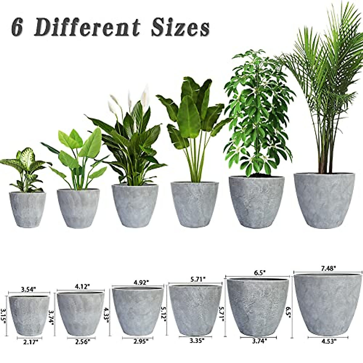 Plant Pots, 6pcs 7.5/6.5/5.8/5/4.2/3.6 Inch Planters Flower Pots with Drainage Hole, Modern Decorative Planter for Indoor Outdoor Plants, Succulents, Flowers & Cactus, Perfect for Home Bedroom Garden